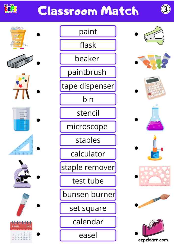 Classroom Objects Word Match Worksheet – Fun School Vocabulary Practice Set 3 PDF Download ...